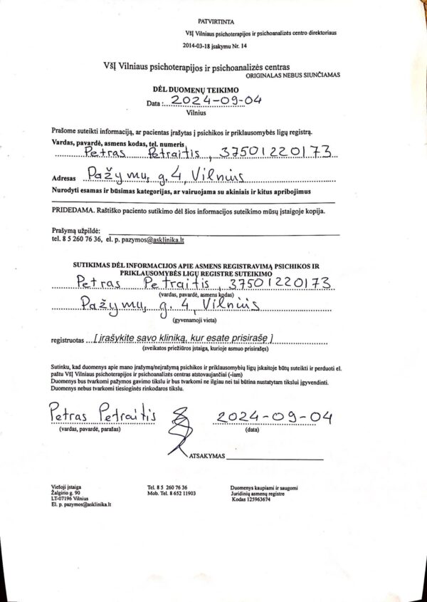 Kaip užpildyti Sutikimą dėl duomenų pateikimo – pavyzdys – Sveikatos ...